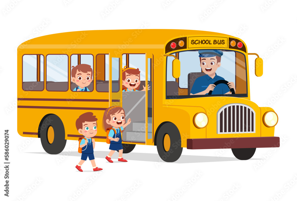 little kids boy and girl ride school bus and go to school Stock Vector ...