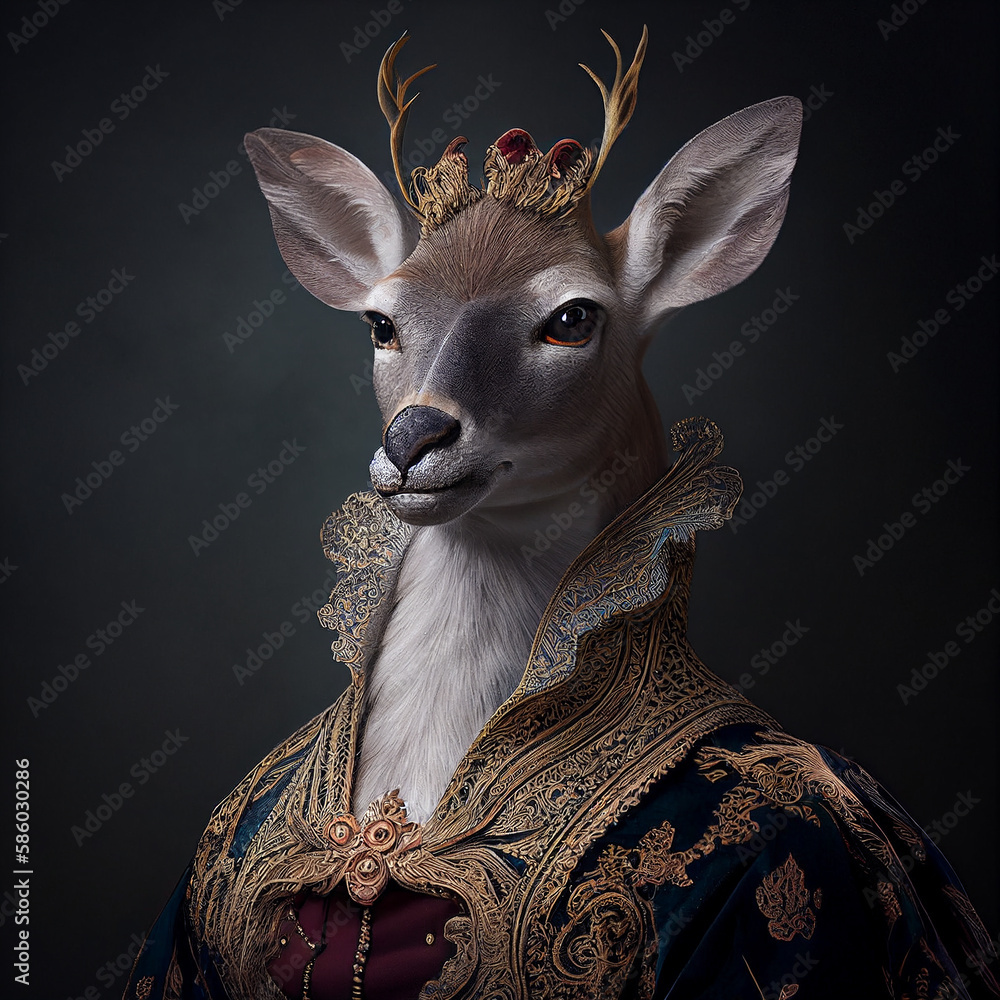 Realistic lifelike glam deer doe in baroque noble regal 18th century ...