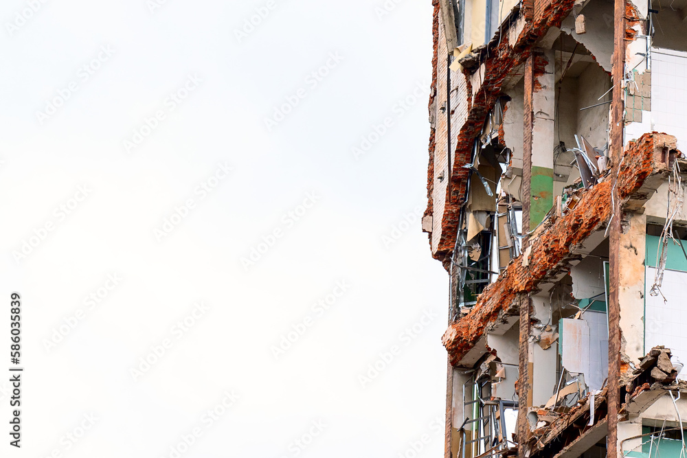 dismantled old building. Half demolished house, dismantling of the old ...