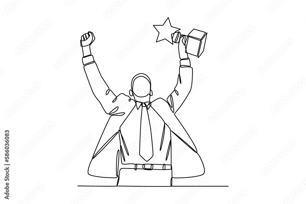 Single one-line drawing an employee gets a trophy at the work. Employee ...
