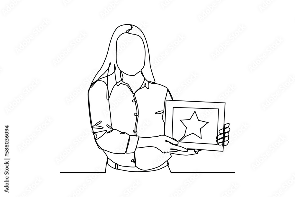 Single one-line drawing a female employee is given certificates of ...
