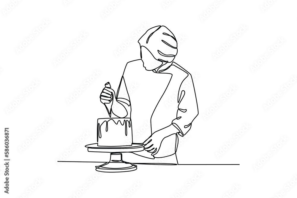 Continuous one-line drawing a woman decorating a cake in the kitchen ...