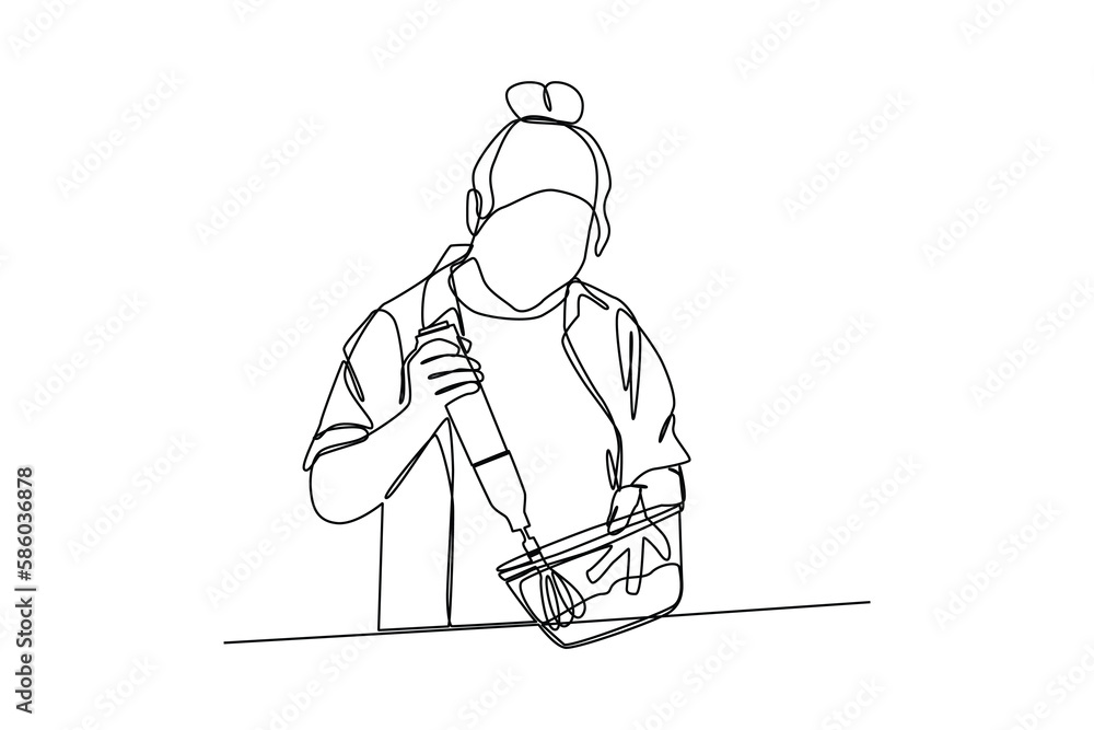 Continuous one-line drawing woman mixing cake dough in the kitchen ...