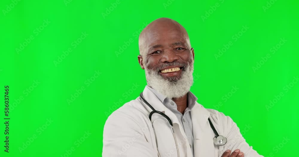 Green screen, proud face of doctor or black man isolated on studio ...