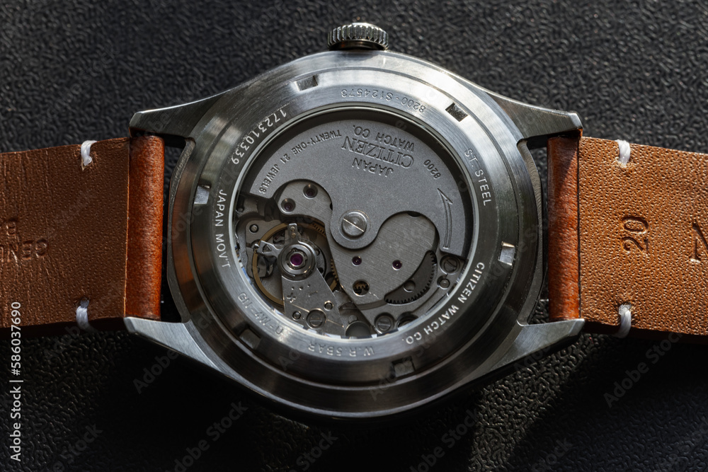 Back side with transparent cap of mechanical wrist watch Stock Photo ...