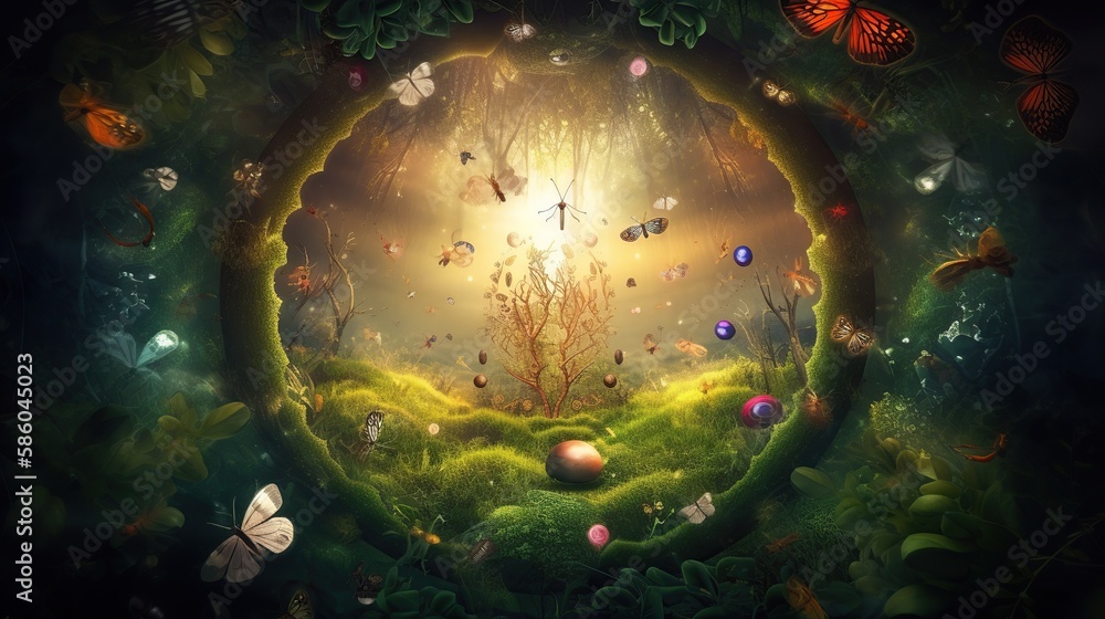 Beautiful fantasy enchanted forest with butterflies, flowers and copy ...
