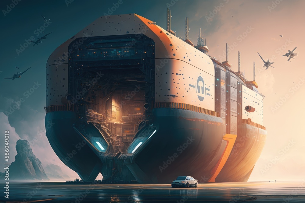 autonomous cargo ship docks at futuristic port, ready for unloading ...
