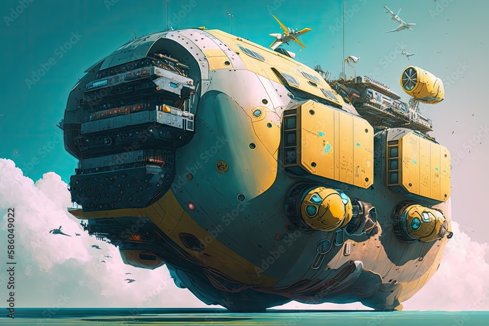 futuristic cargo ship, with drones and robots loading and unloading ...
