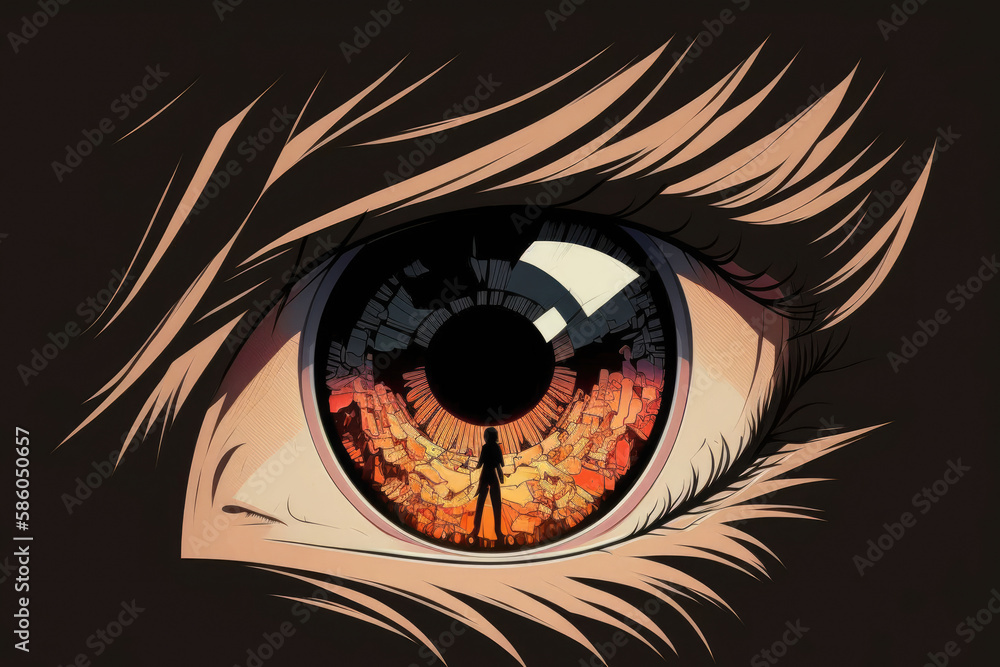 big eye in anime style with the outline of a person in the iris created ...