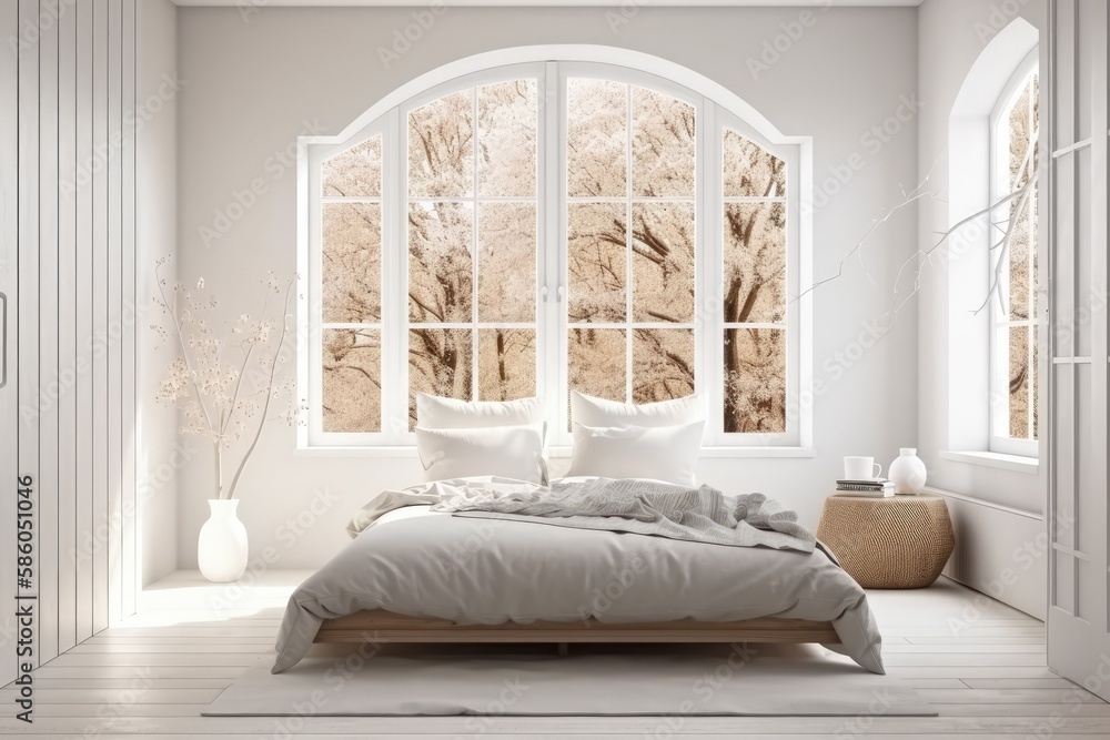 serene white bedroom with a beautiful arched window created with ...