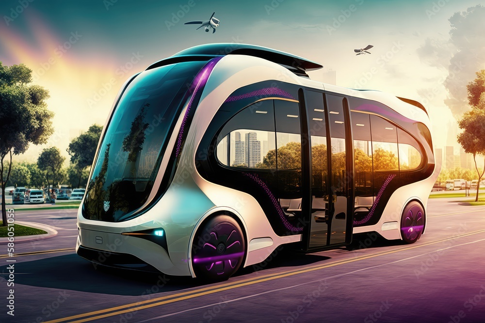 autonomous shuttle bus, picking up and dropping off passengers at their ...
