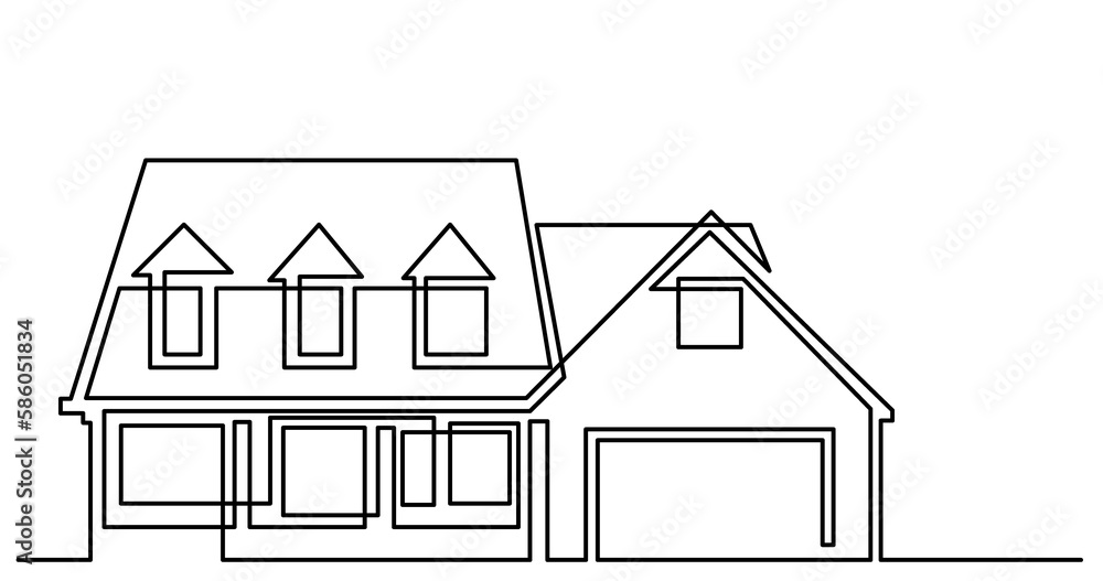 continuous line drawing of big suburban house with big garage as real ...