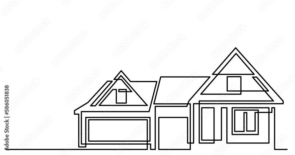 continuous line drawing of big suburban house with three car garage as ...