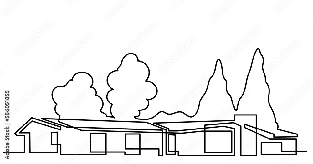 continuous line drawing of big rural house with large trees as real ...