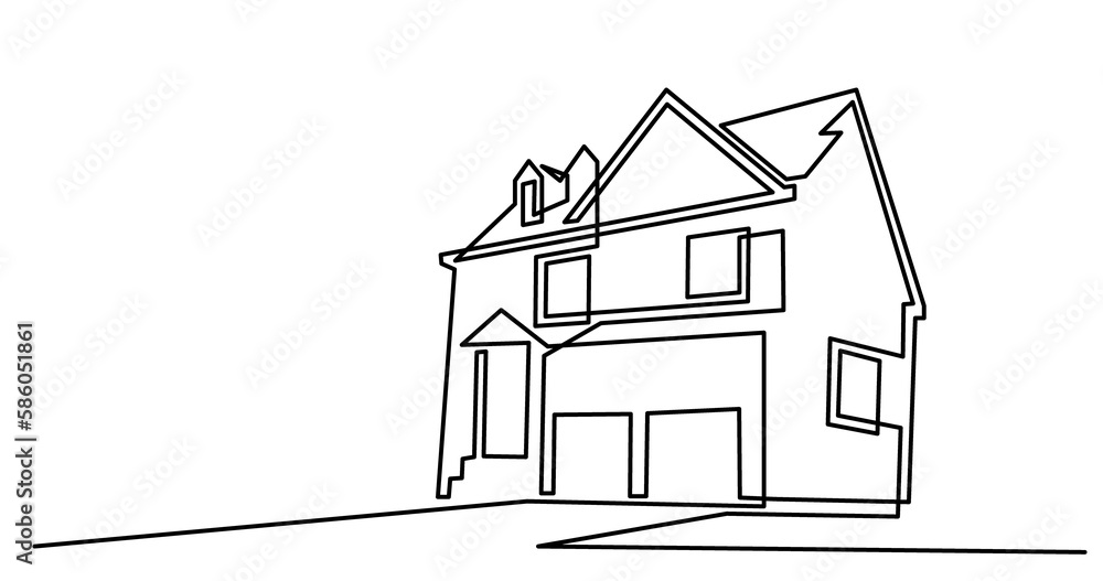 continuous line drawing of big suburban house with two car garage as ...