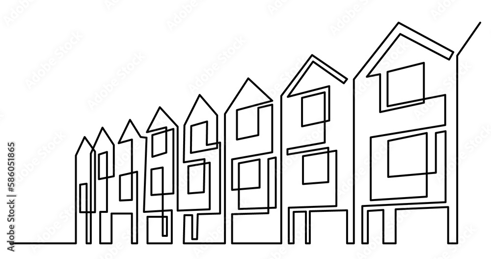 continuous line drawing of row of townhouses as real estate home ...