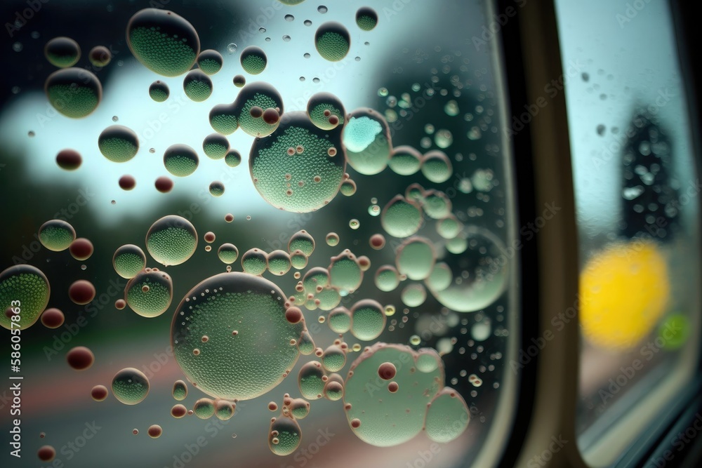 close-up of bacteria on the bus window, with droplets of rain visible ...