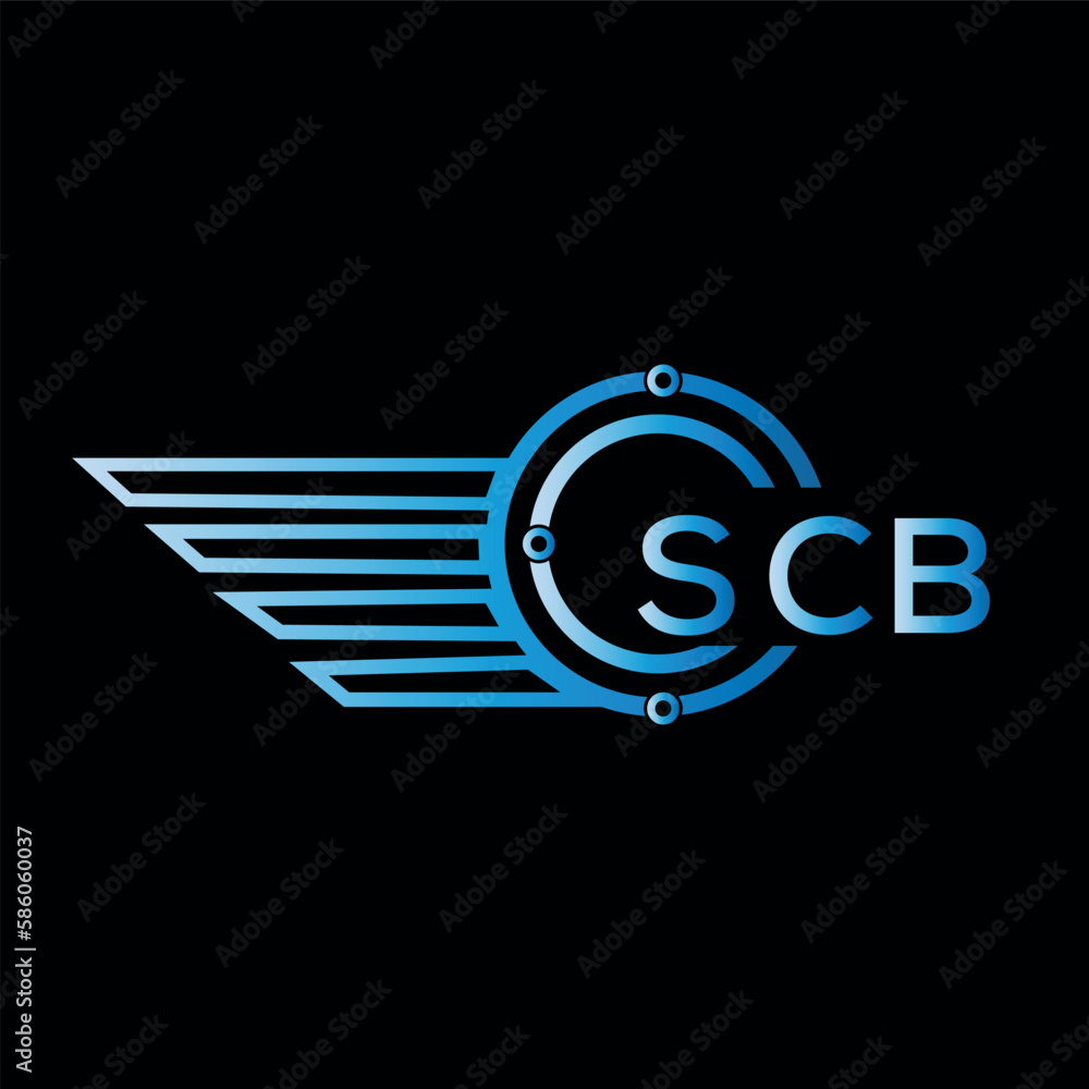SCB letter logo. SCB blue vector image on black background. SCB ...