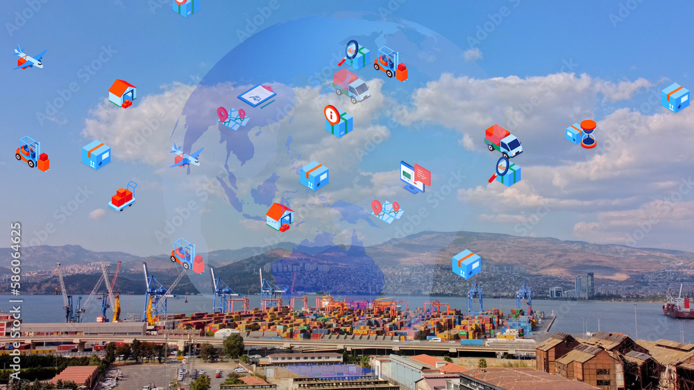 Logistic business or transport concept Aerial view over import export ...