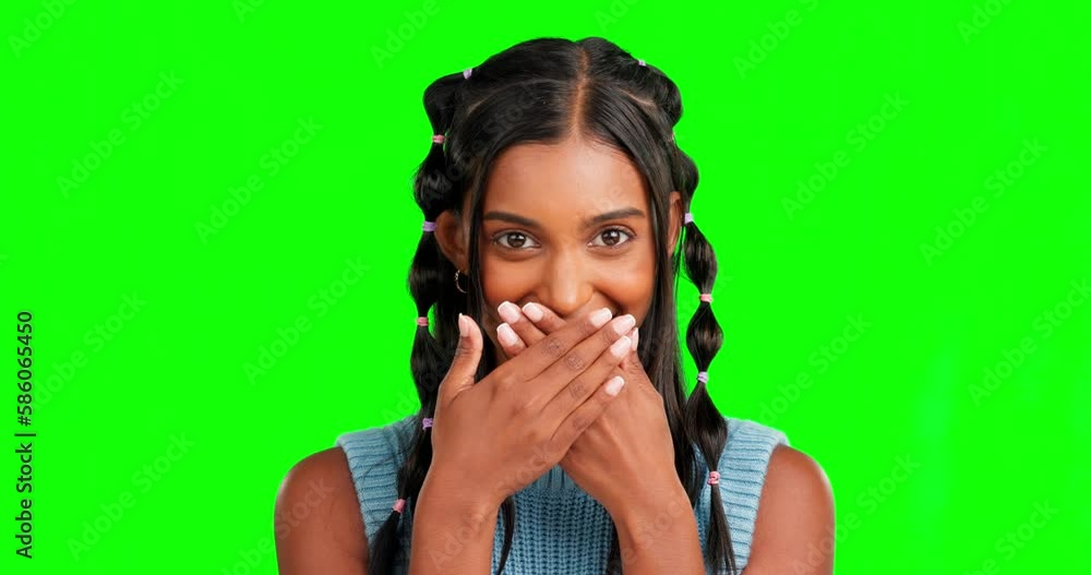 Woman, hands cover mouth and green screen studio with surprise, wow ...