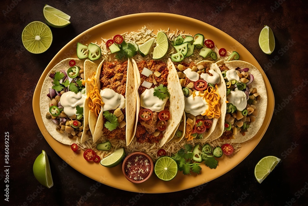 A top-down view of a plate of tacos with a mix of fillings. Generative ...