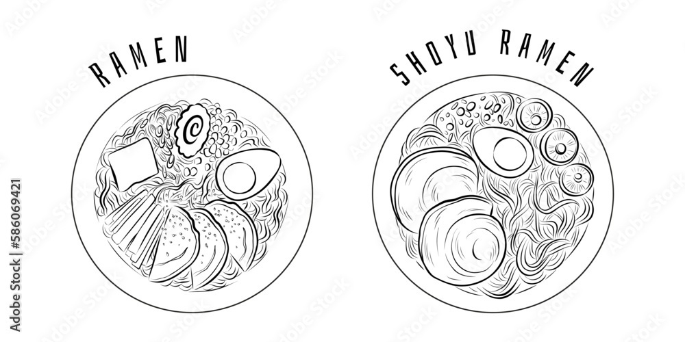 Set of hand-drawn vector illustrations with traditional Japanese ramen ...
