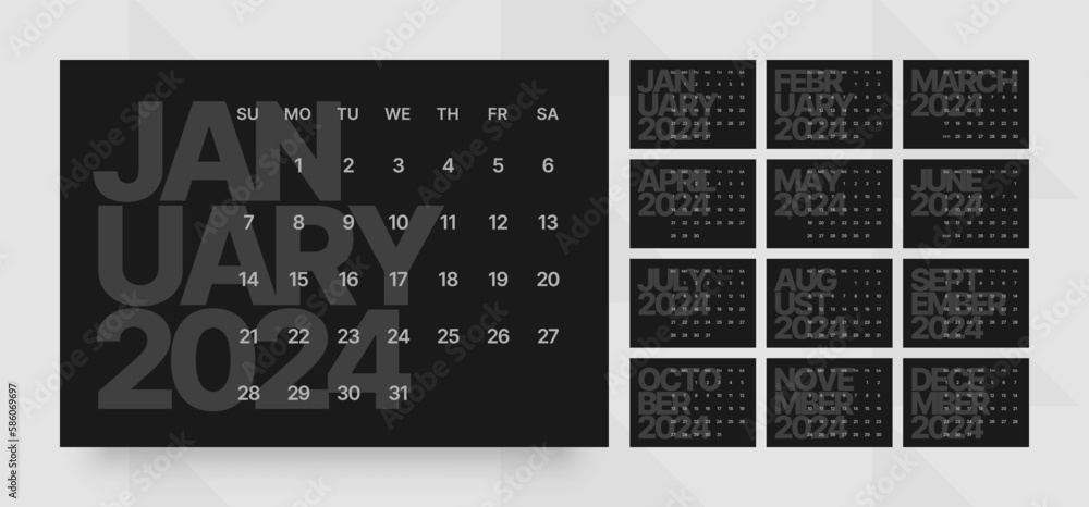 Monthly calendar template for 2024 year. Horizontal calendar grid in ...