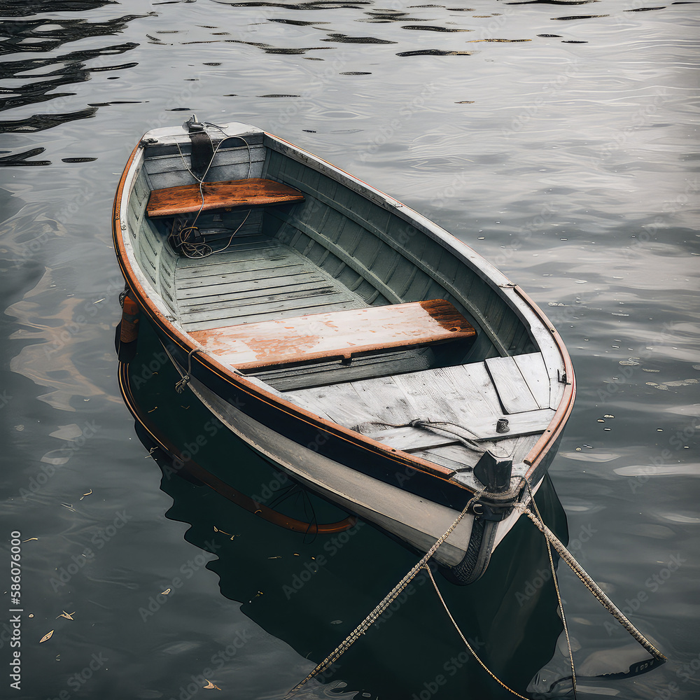 Une vieille barque en bois qui flotte sur l'eau Stock Illustration | Adobe Stock