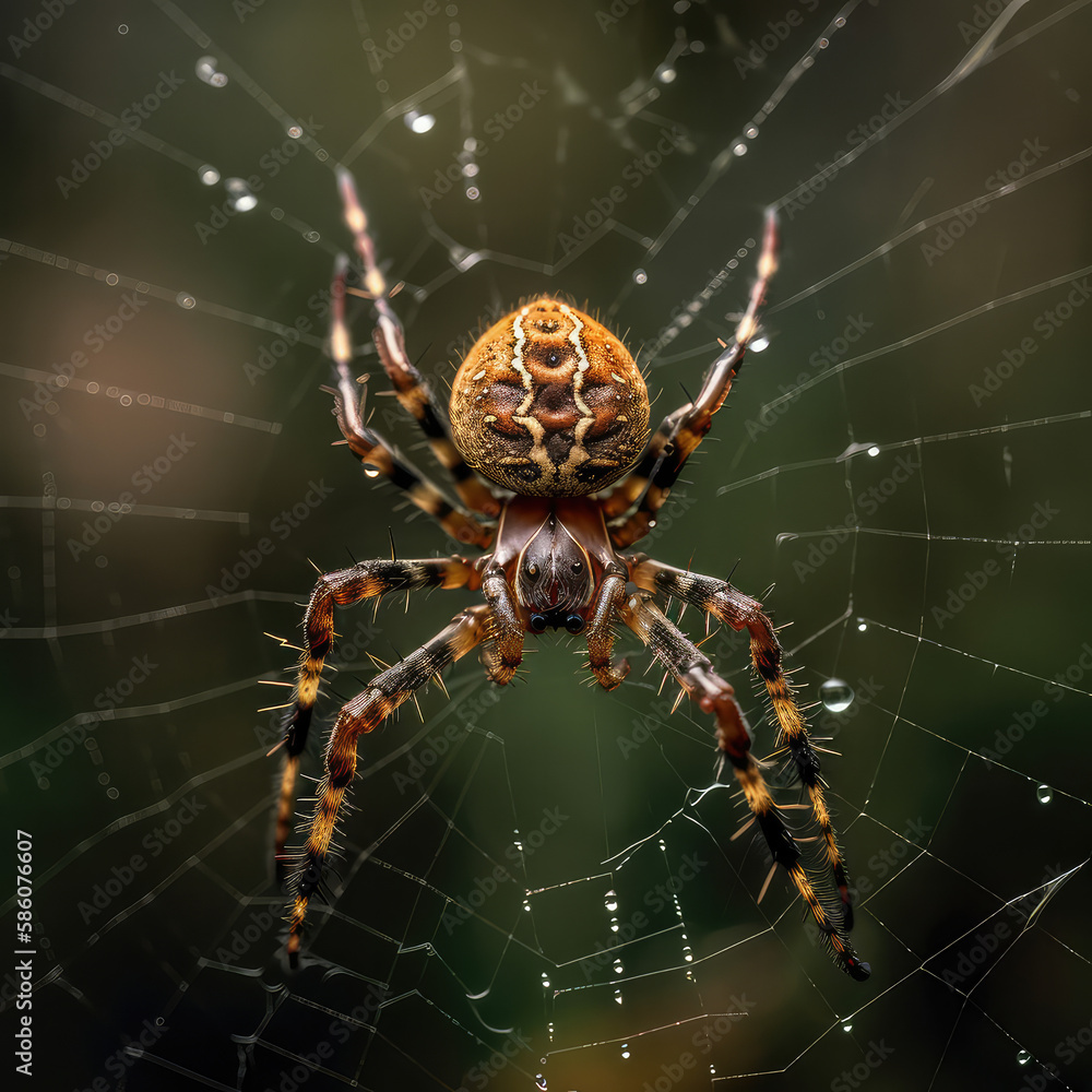 Une araignée jaune et marron tissant sa toile. Des perles d'eau y sont ...