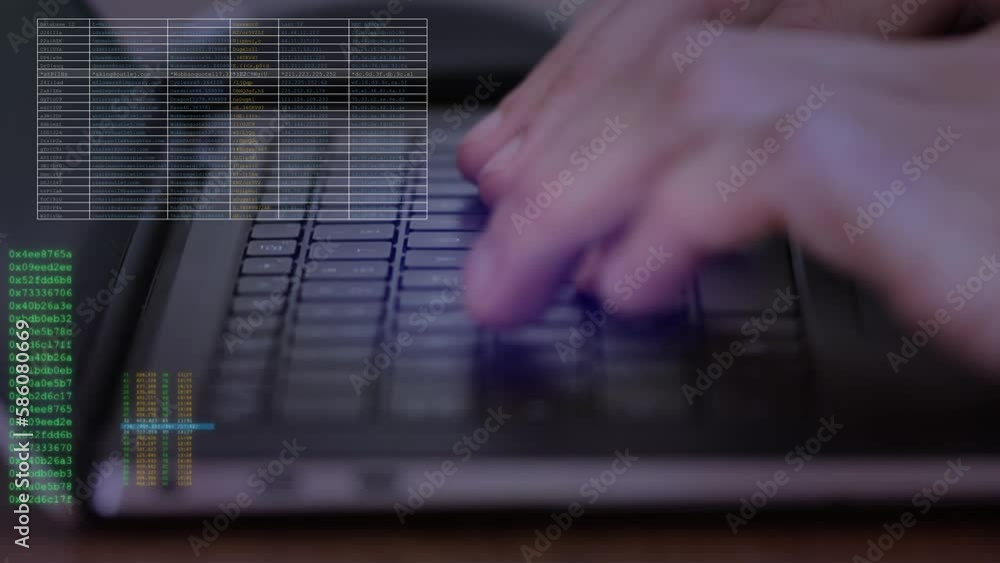 Writing code by hand typing keyboard with futuristic data driven text ...