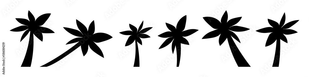 Cartoon palm trees black silhouette. Palm trees icon set. Vector ...