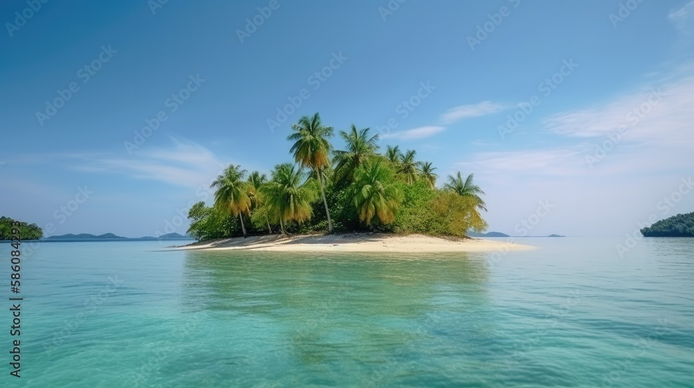 Deserted island, a lush tropical paradise with towering palm trees ...