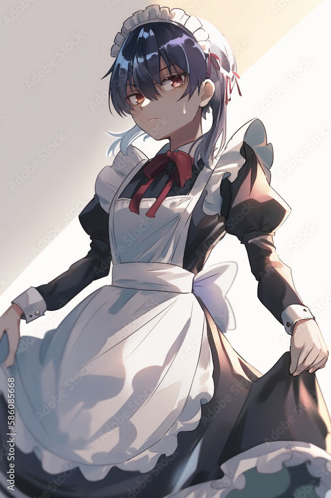Maid girl, cute manga character, girl dressed as maid holding skirt ...