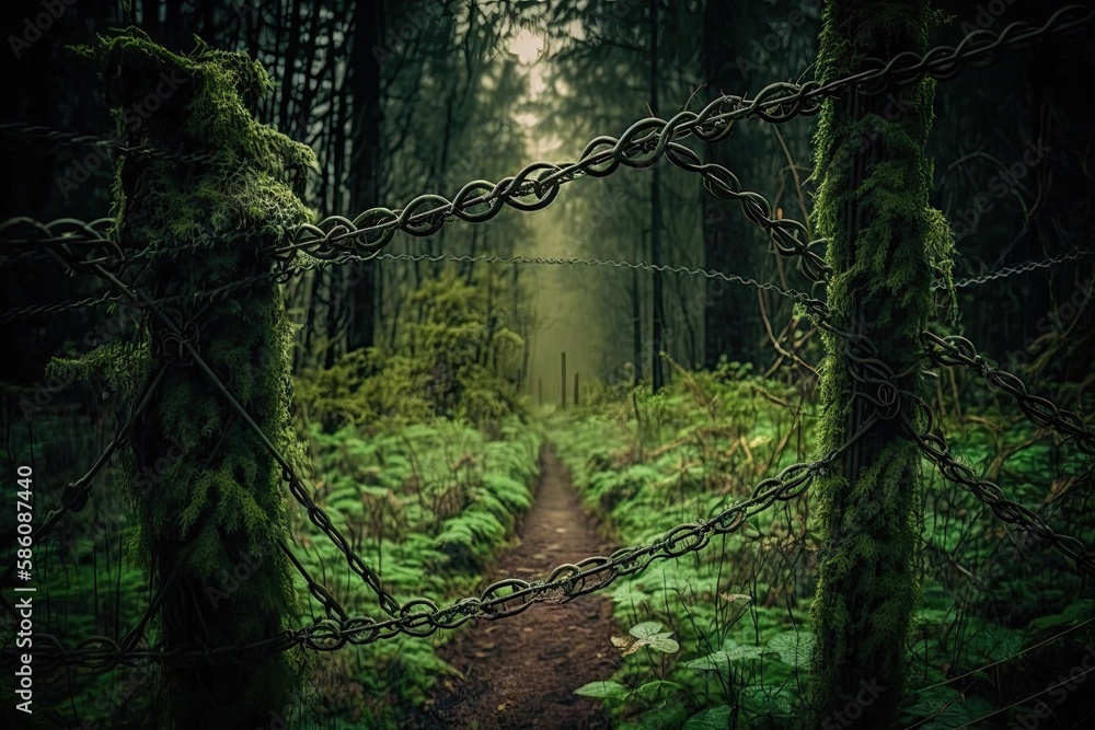 barbed wire fence in the midst of a lush forest, created with ...