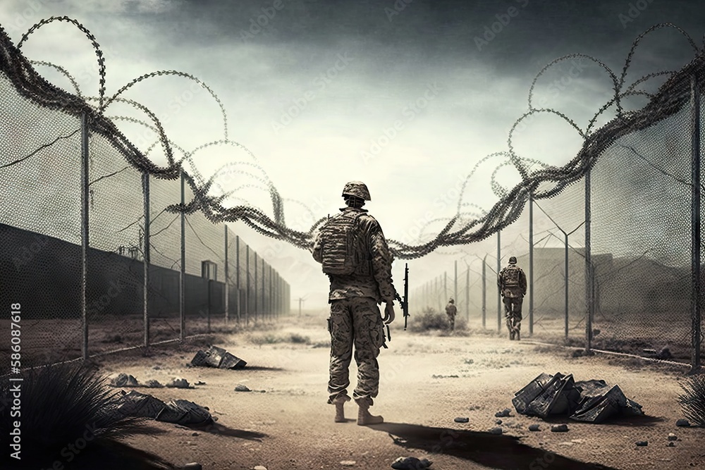 barbed wire fence enclosing military base, with armed guards on patrol ...