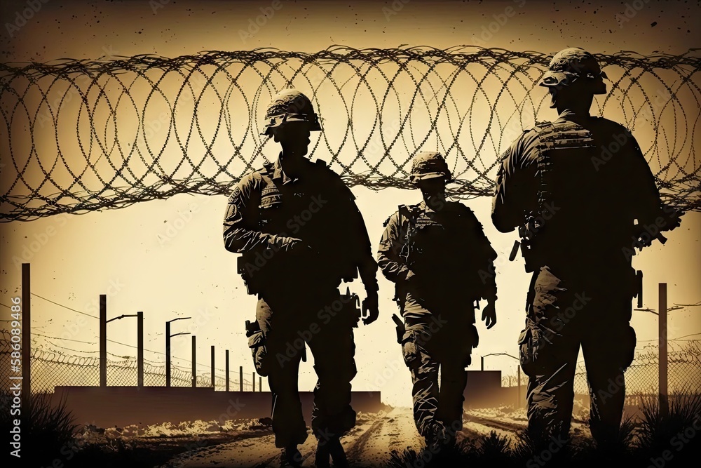 barbed wire fence around military base, with guards on patrol, created ...