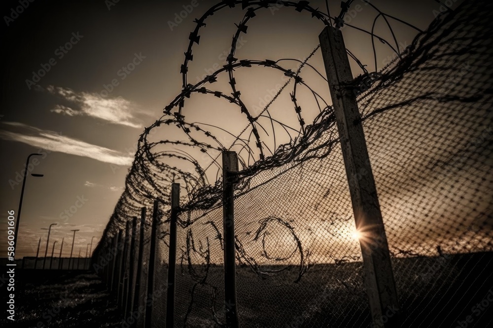 barbed wire fence surrounding prison, protecting inmates from escape ...