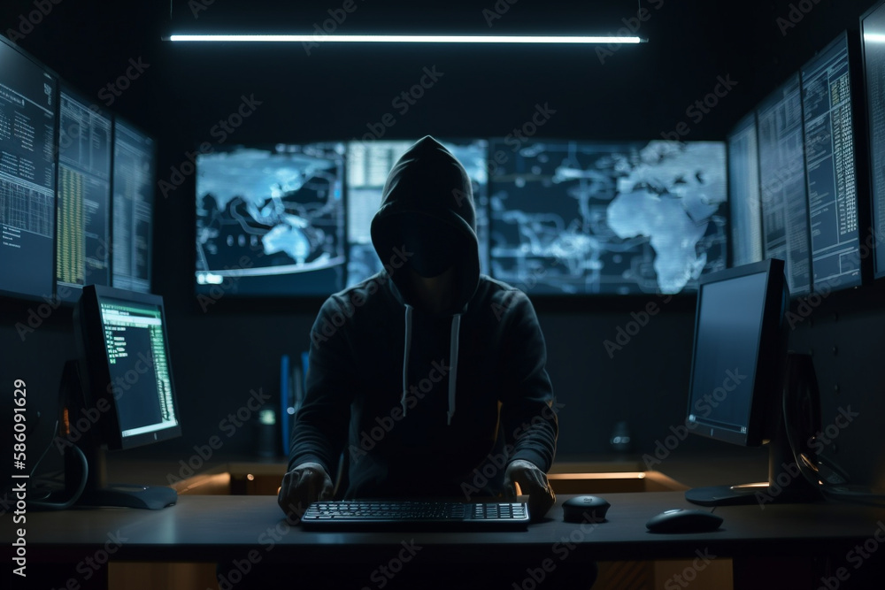 Hacker dressed in a hoodie, sitting in a dark room surrounded by monitors, coding malicious ...
