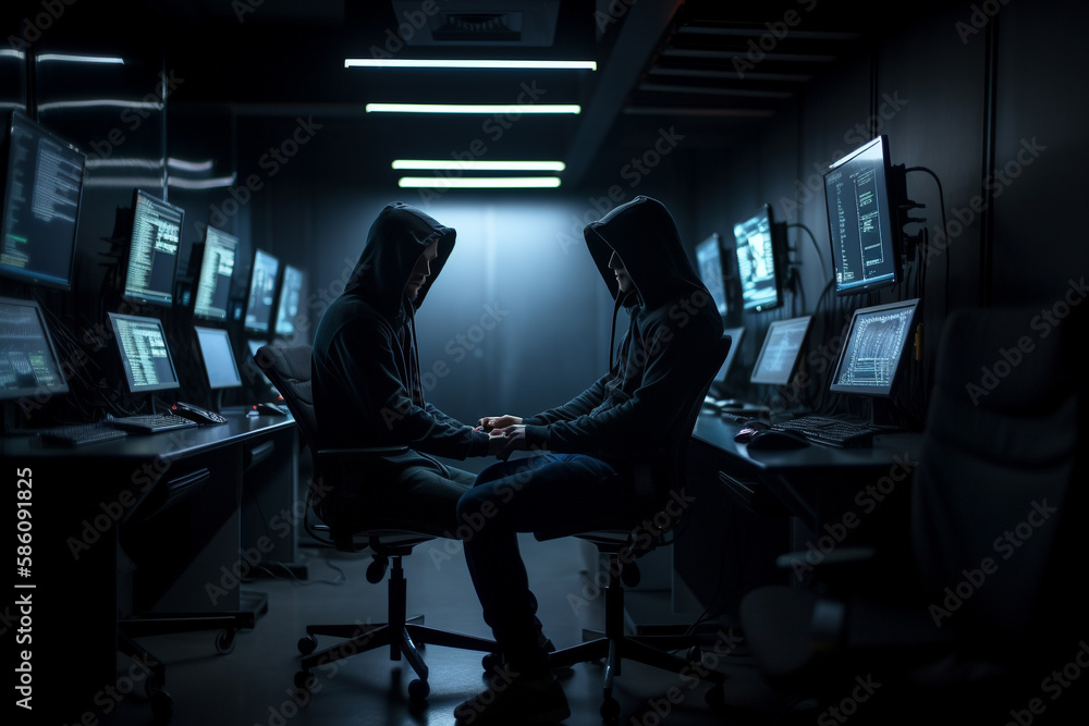 Hacker dressed in a hoodie, sitting in a dark room surrounded by ...