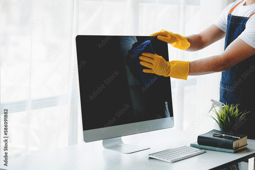 people doing cleaning are using cloths and spraying disinfectant Wipe ...