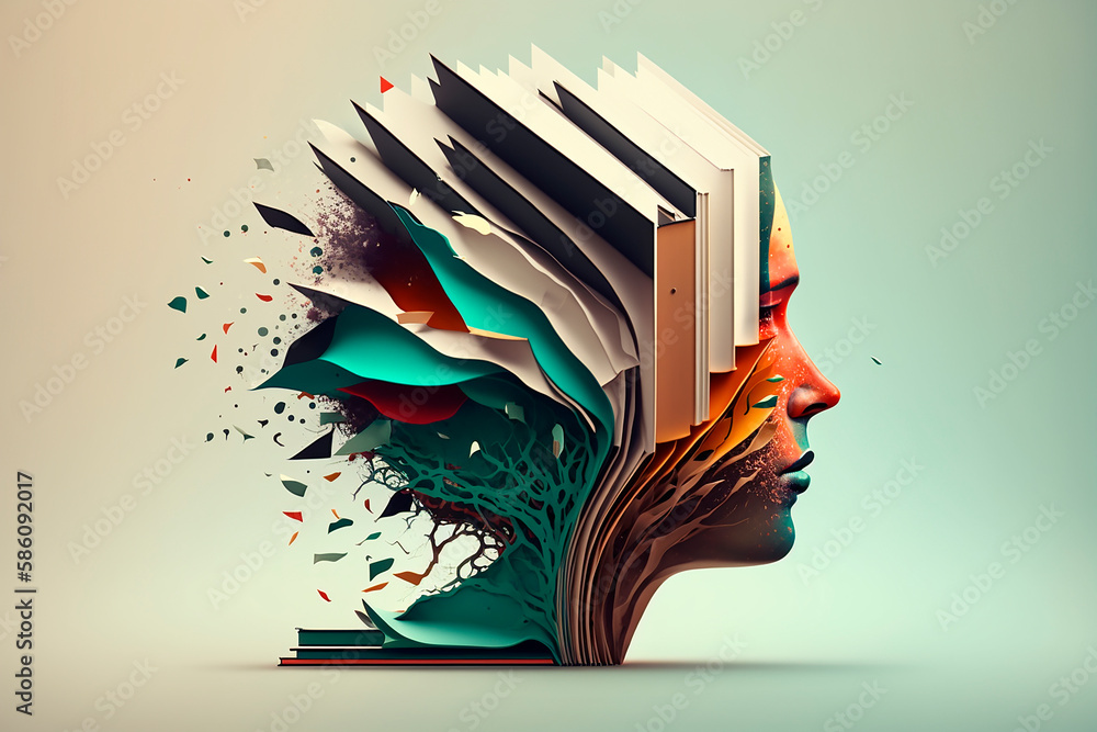 A tranquil portrait of a beautiful brooding woman effect of books ...