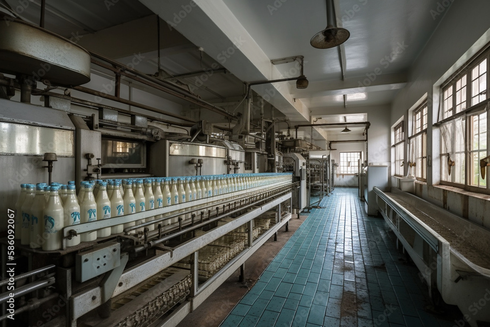 Scene from a milk factory, where milk bottles are moving along a ...