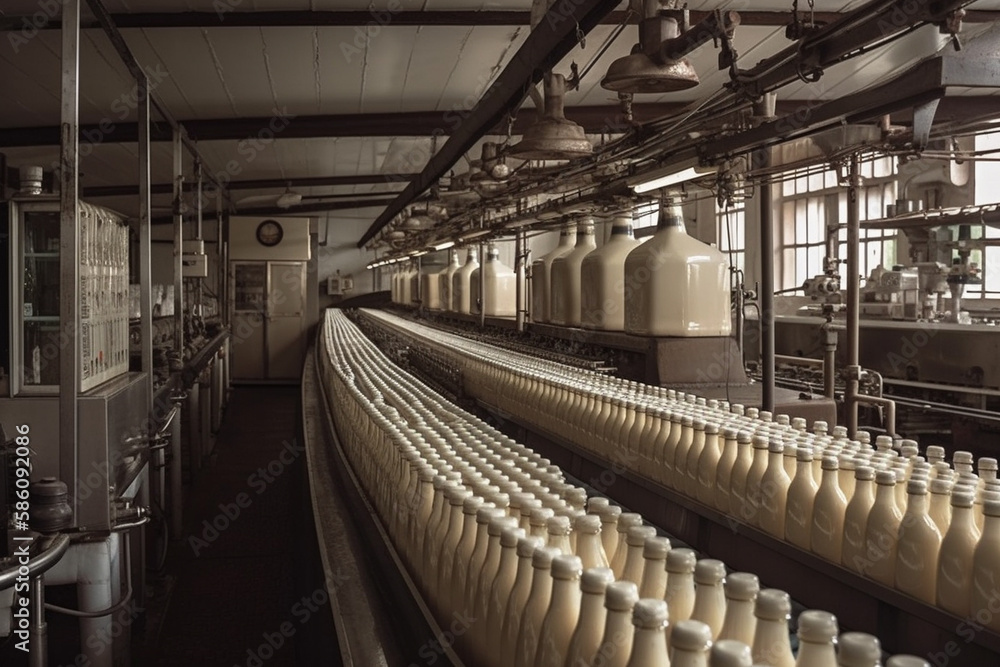 Scene from a milk factory, where milk bottles are moving along a ...