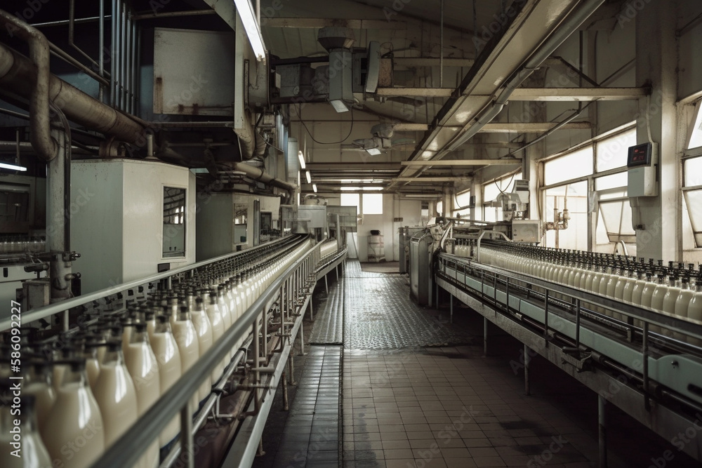 Scene from a milk factory, where milk bottles are moving along a ...
