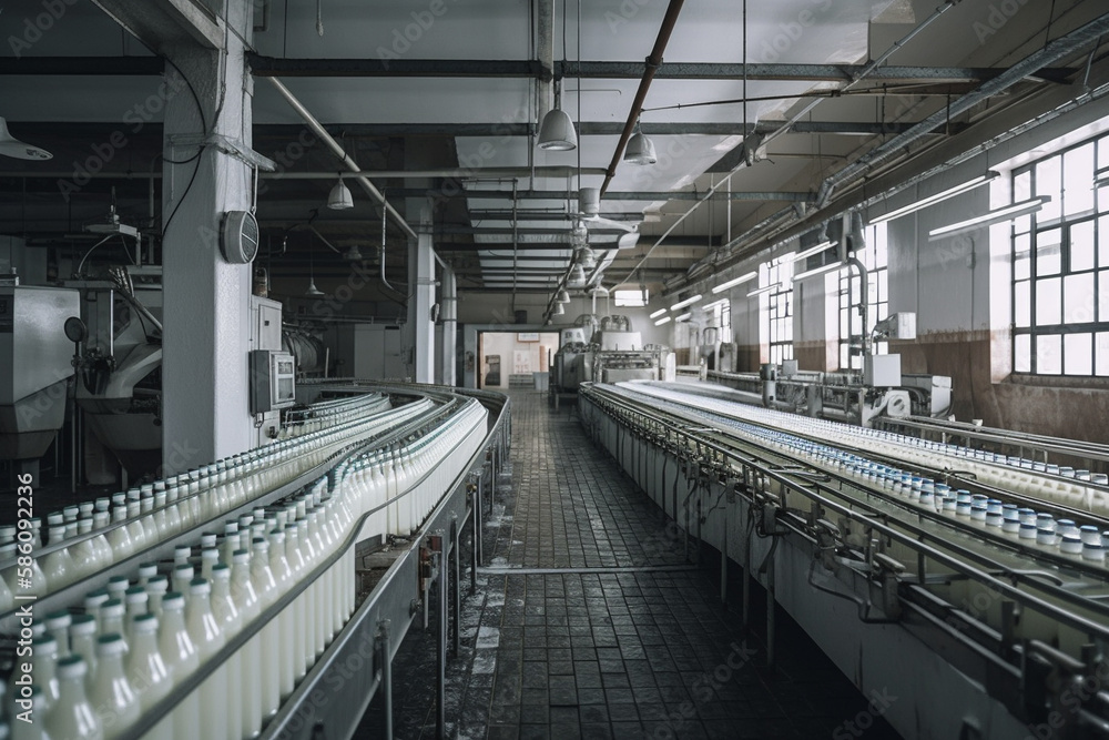 Scene from a milk factory, where milk bottles are moving along a ...