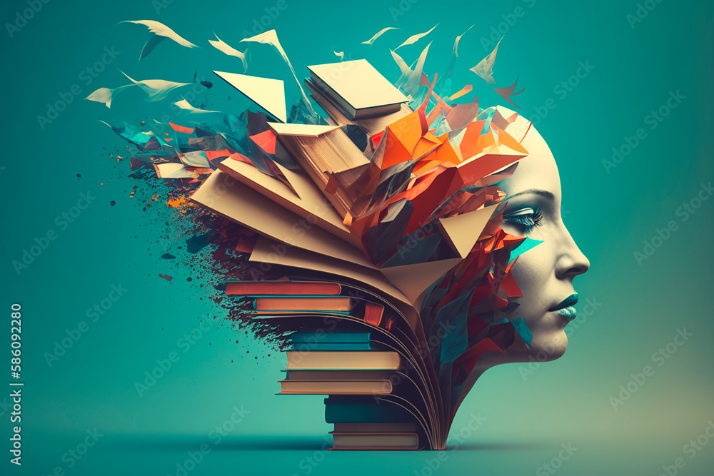 A tranquil portrait of a beautiful brooding woman effect of books ...