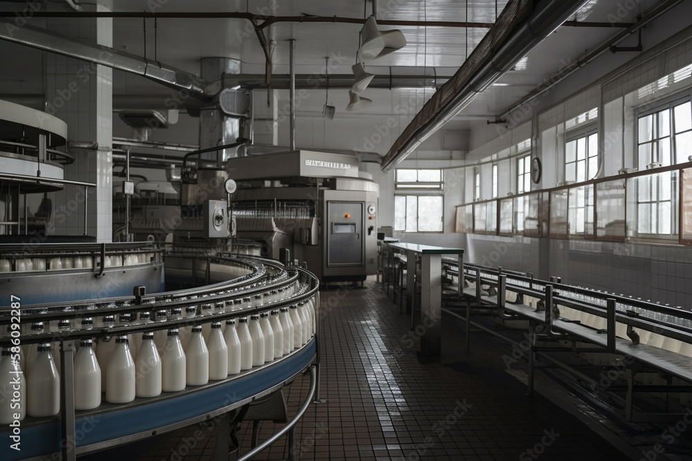 Scene from a milk factory, where milk bottles are moving along a ...