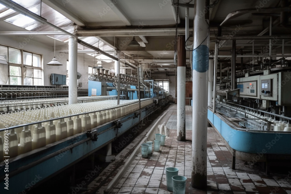 Scene from a milk factory, where milk bottles are moving along a ...