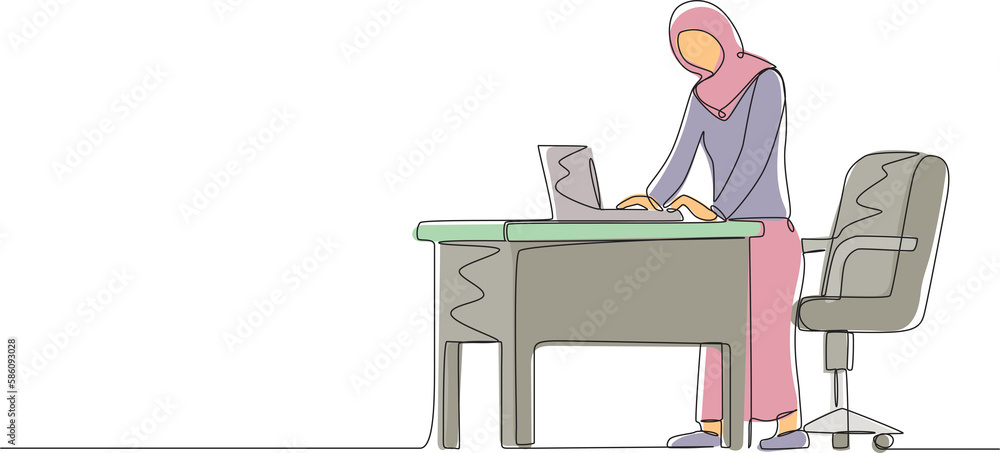 Single one line drawing woman employee working at ergonomic workstation ...