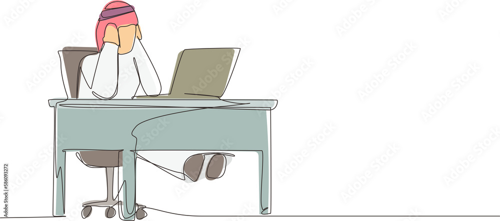 Continuous one line drawing tired office worker man character. Arabian ...